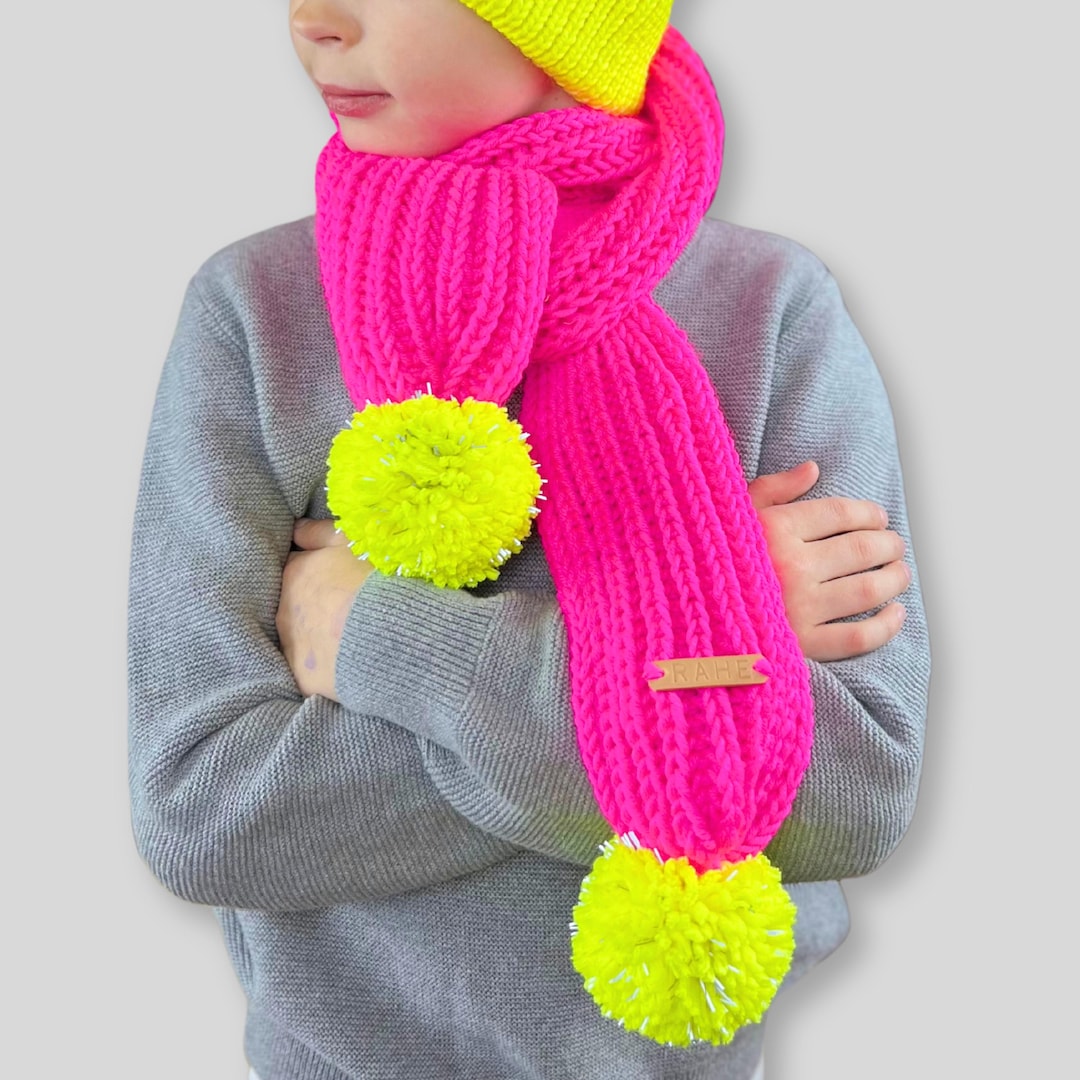 Neon Pink Merino Wool Scarf - Reflective Pompom Handknit Scarf, Bobble ...