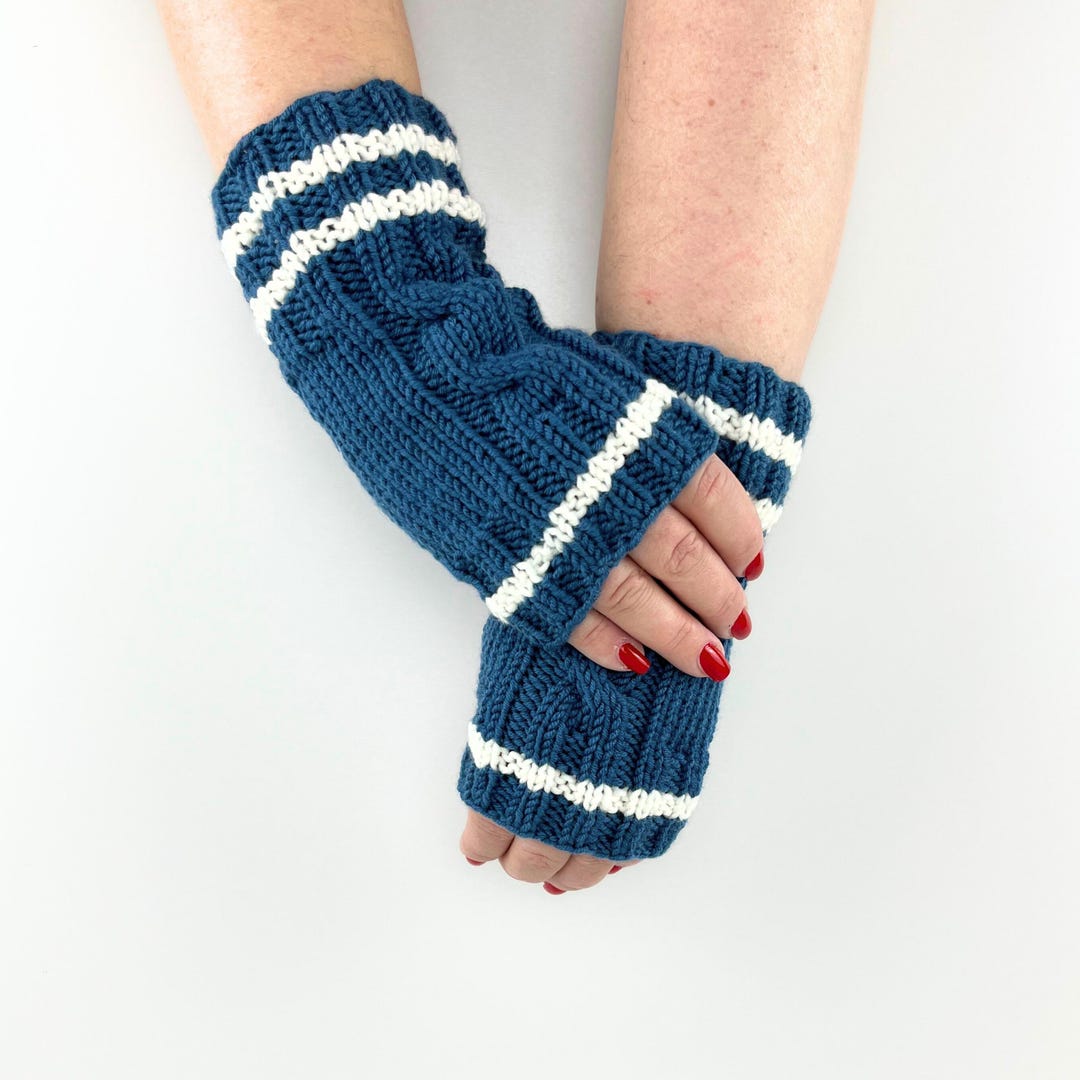 Luxurious Navy & White Striped Merino Fingerless Gloves - Unisex ...