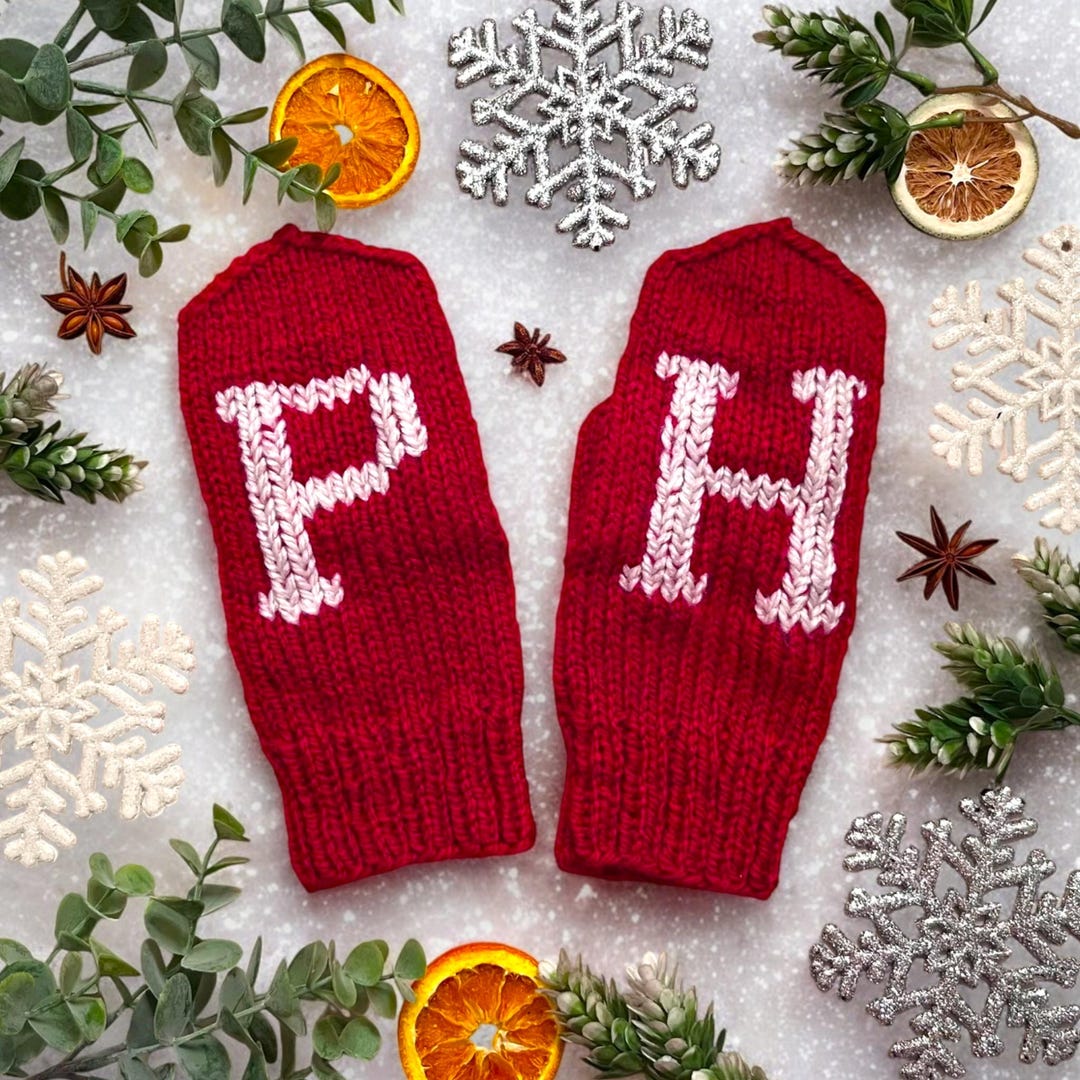 Custom Red Hand-knitted Mittens With Embroidered Initials Monogram ...