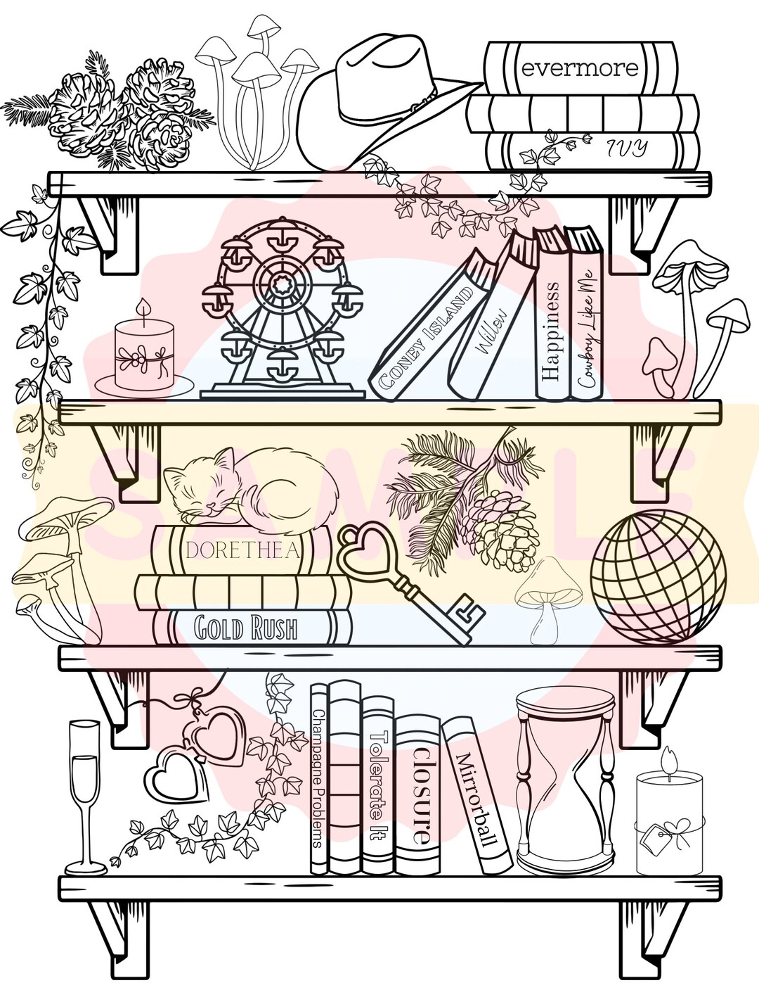 Evermore Bookcase Coloring Page-taylor Swift - Etsy
