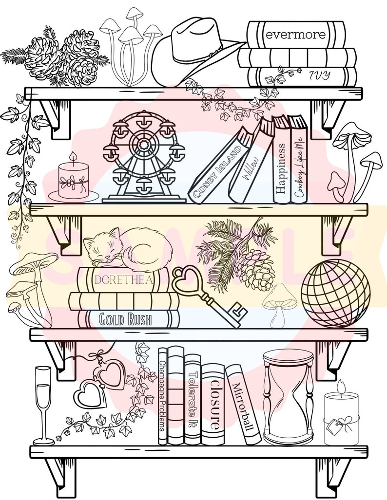 Evermore Bookcase Coloring Page-taylor Swift - Etsy