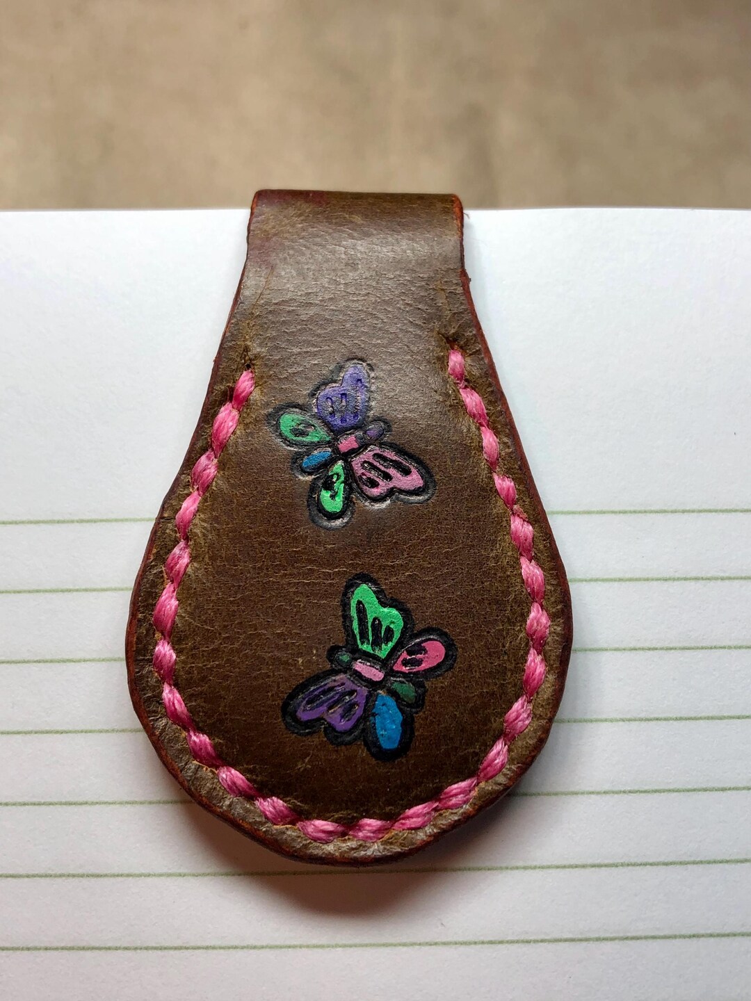 Magnetic Leather Bookmark, Brown With Colorful Butterflies and Pink ...