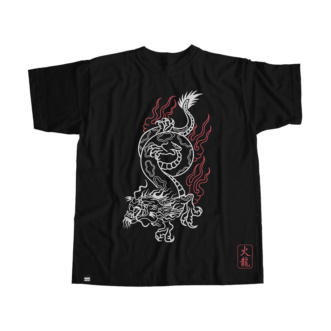 Fire Dragon T-shirt, Japanese Style Fire Dragon T-shirt, Black T-shirt ...