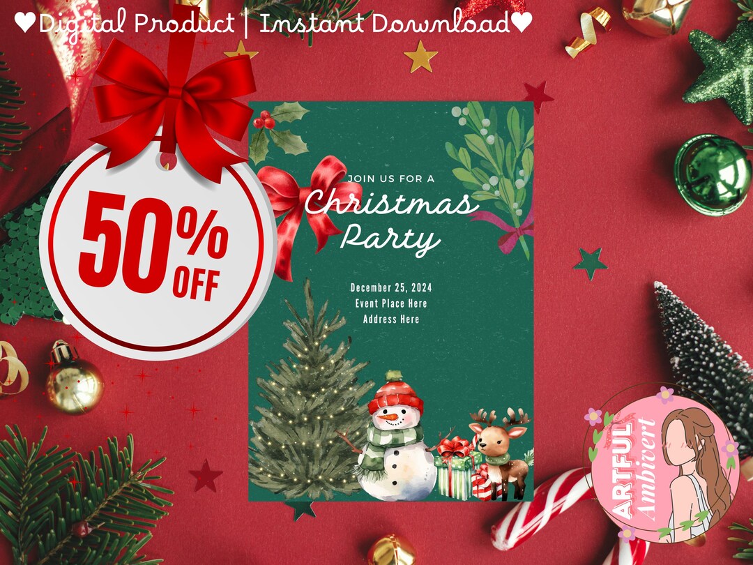 Editable DIY Christmas Tree Snowman Holiday Party Digital Invitation ...