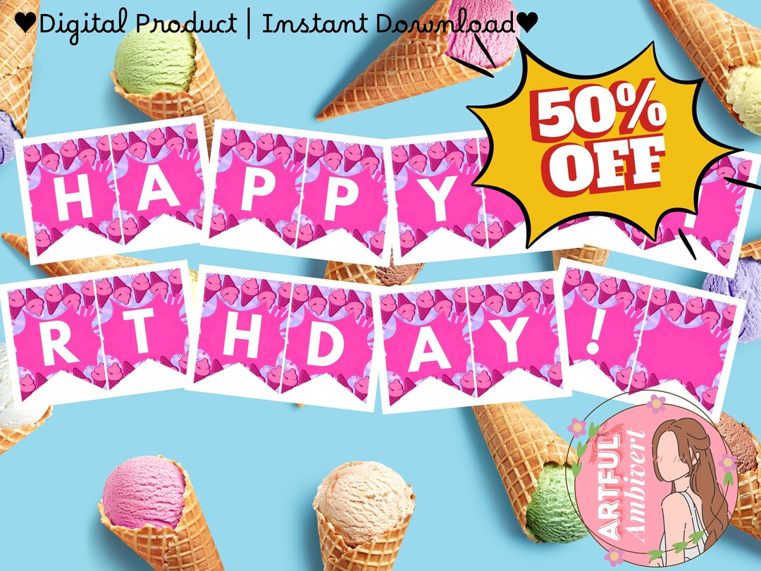 Editable Ice Cream Birthday Banner Template, DIY Party Decor, Happy ...