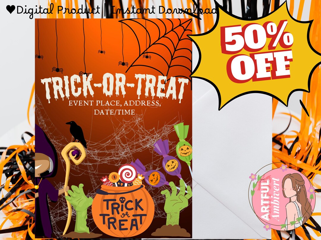 Editable DIY Witch Trick or Treat Spooky Halloween Party Invitation ...