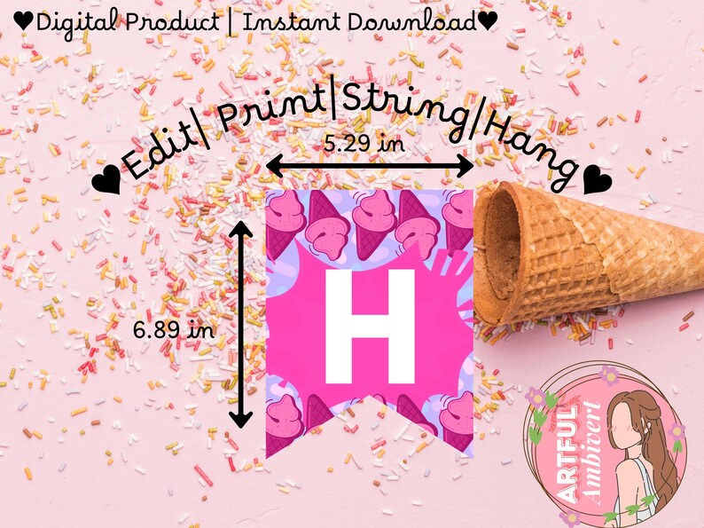 Editable Ice Cream Birthday Banner Template, DIY Party Decor, Happy ...
