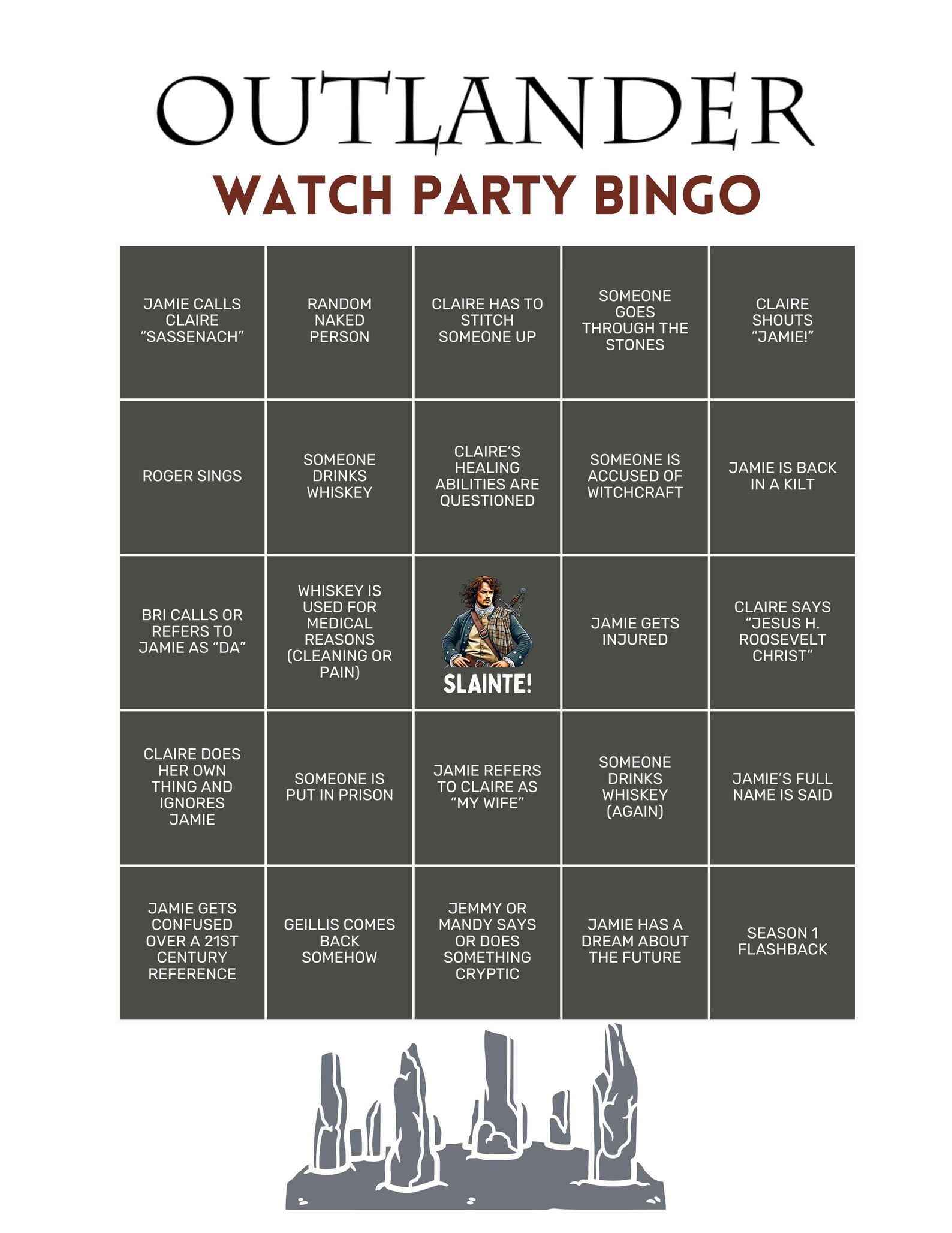 Printable Outlander Bingo Game, 10 Printable Cards, Digital Download ...