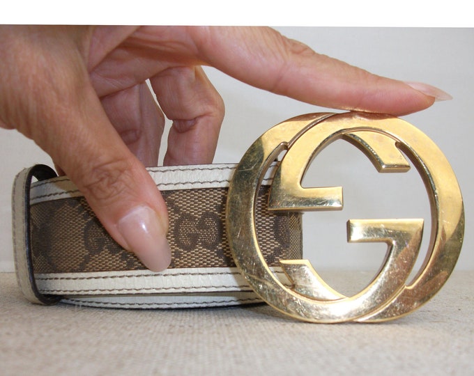 Vintage Gucci Cream Belt, Gold Hardware, Monogram Gg's, Leather, Canvas ...