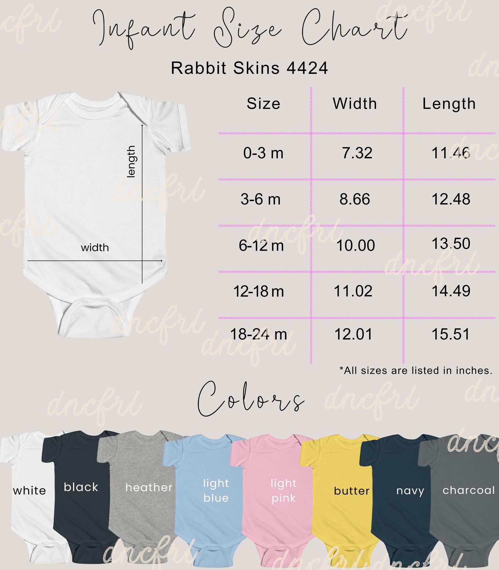 Infant Size Chart Mockup Rabbit Skins 4424 Baby Bodysuit Color and Size ...