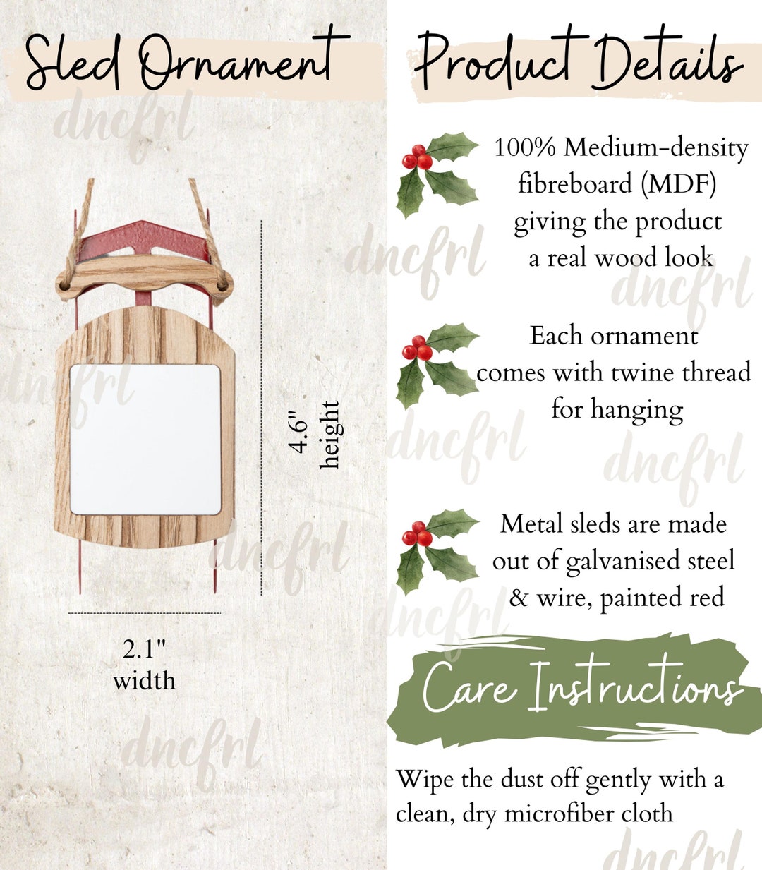 Sled Ornament Mockup, Key Features, Sled Ornament PNG File, Size Chart ...