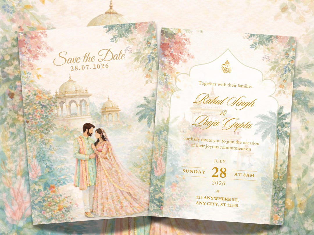 Watercolour Indian Wedding Invitation Cards | Editable Canva Template ...