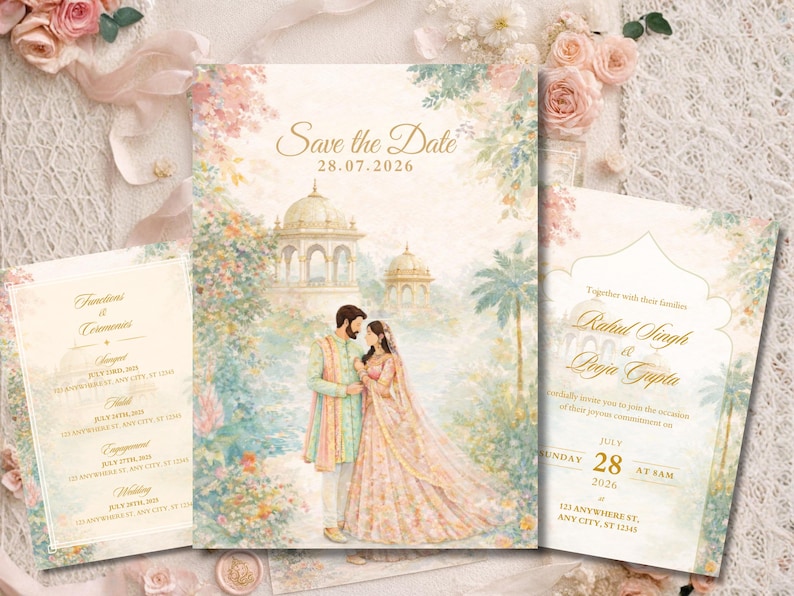 Watercolour Indian Wedding Invitation Cards | Editable Canva Template ...