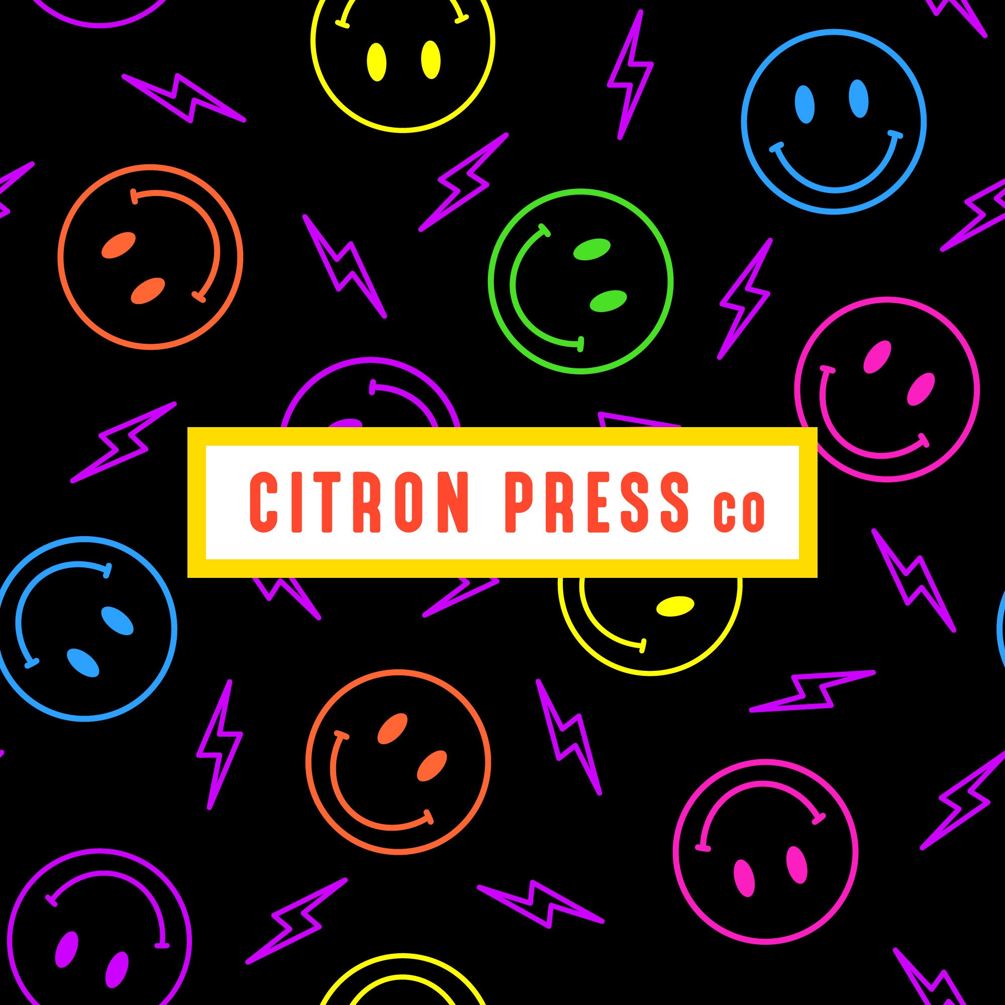 Smiley Face Neon Seamless Pattern, Lightning Bolts and Happy Faces, PNG ...