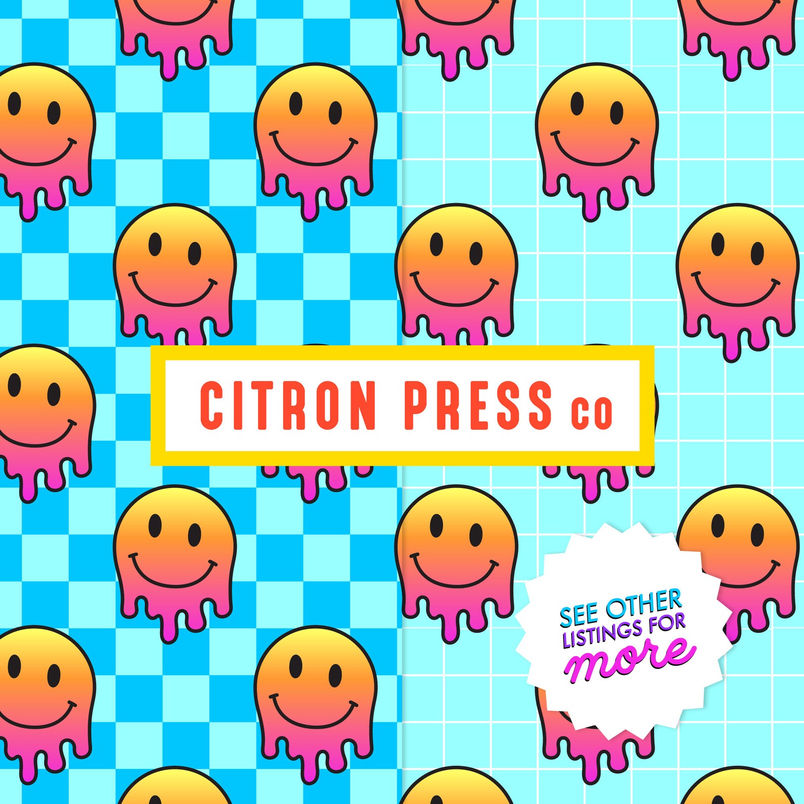 Melting Smiley Face on Checkers Seamless Pattern for Fabric, Png and ...