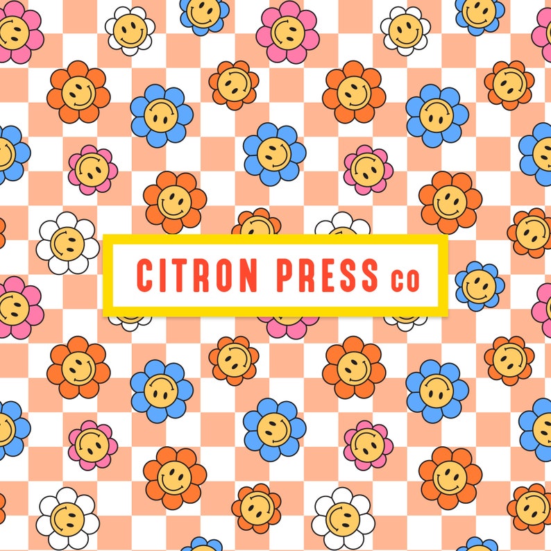 Retro Flower Smiley Face Seamless Png, Jpg File for Fabric, Retro ...