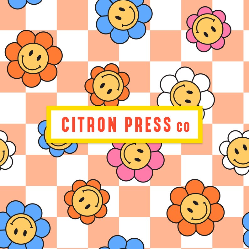 Retro Flower Smiley Face Seamless Png, Jpg File for Fabric, Retro ...