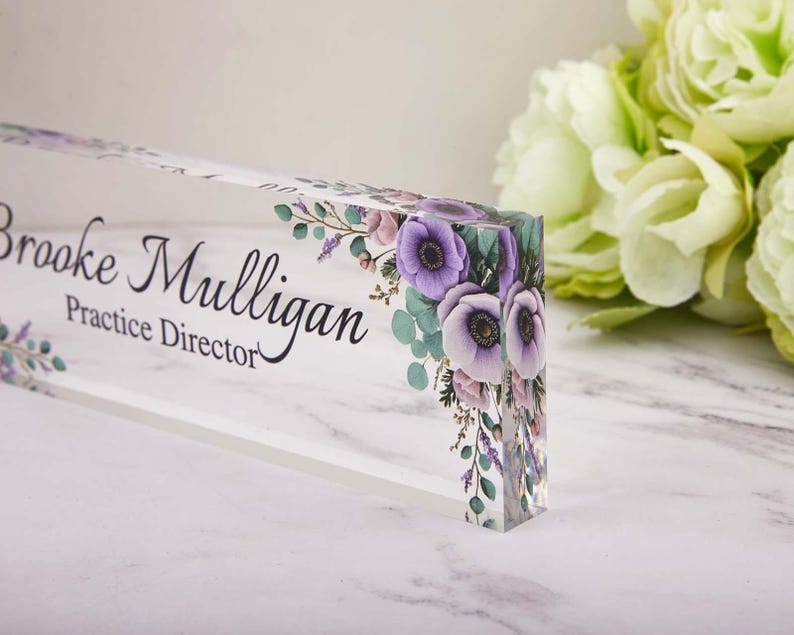 Floral Acrylic Desk Name Plate, Custom Office Decor - Etsy