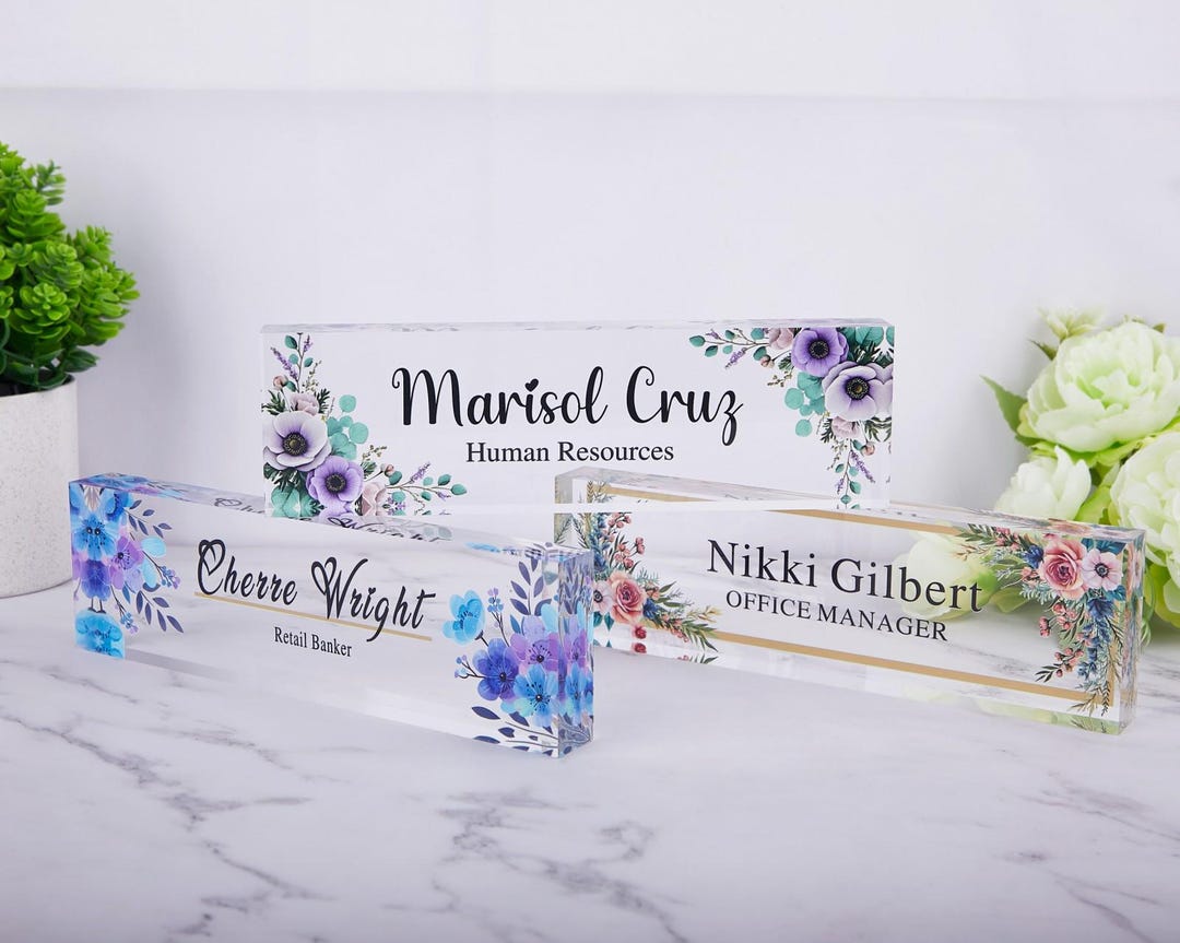 Personalized Acrylic Name Plate, Floral Office Decor, Desk Sign - Etsy