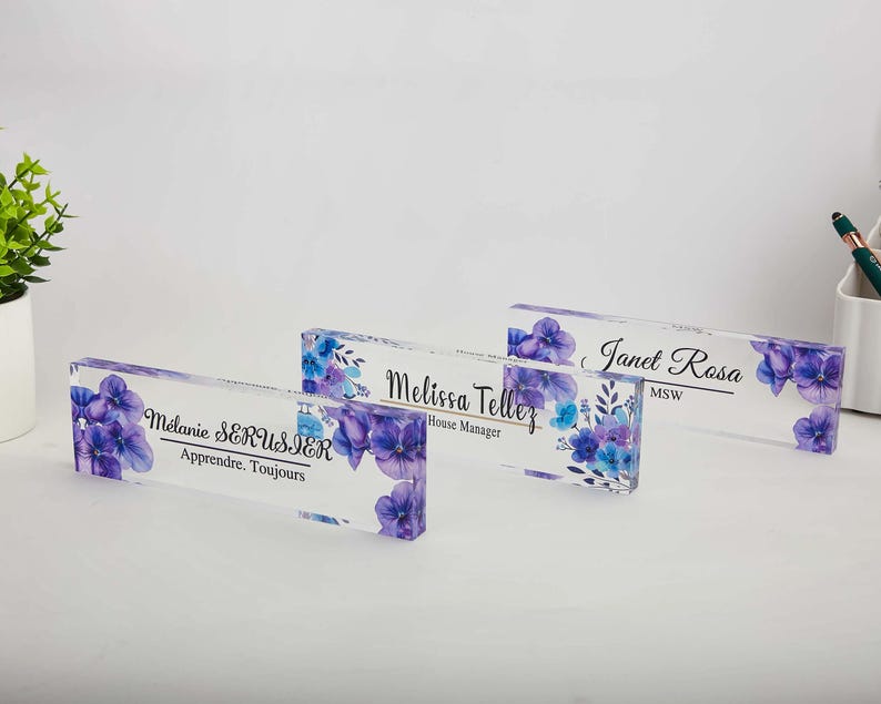 Custom Acrylic Desk Name Plate | Floral Desk Plaque | Personalized ...