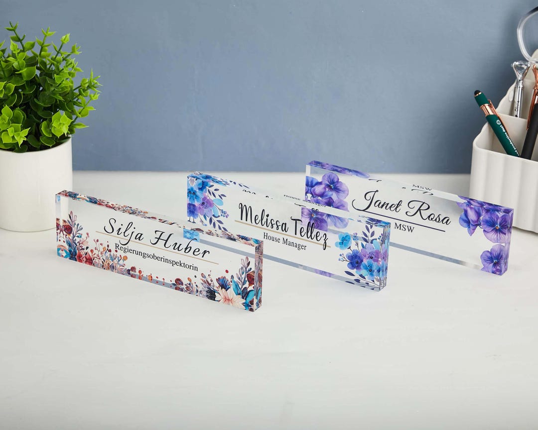 Custom Acrylic Desk Name Plate | Floral Desk Plaque | Personalized ...