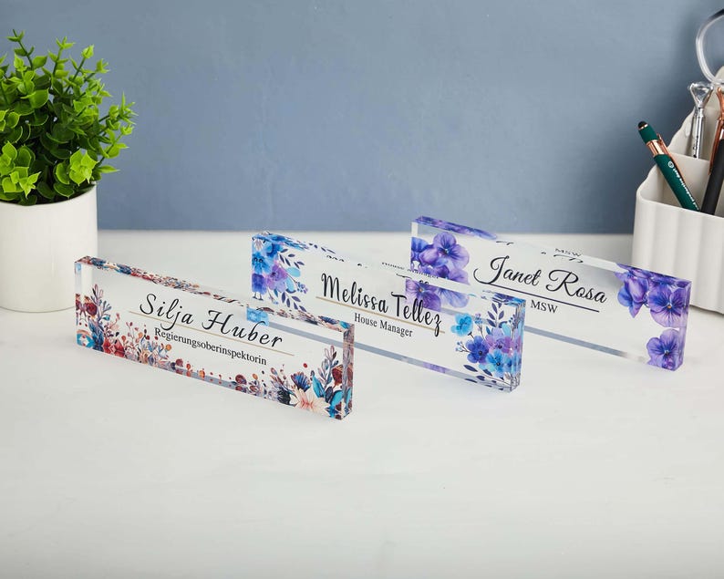 Custom Acrylic Desk Name Plate | Floral Desk Plaque | Personalized ...