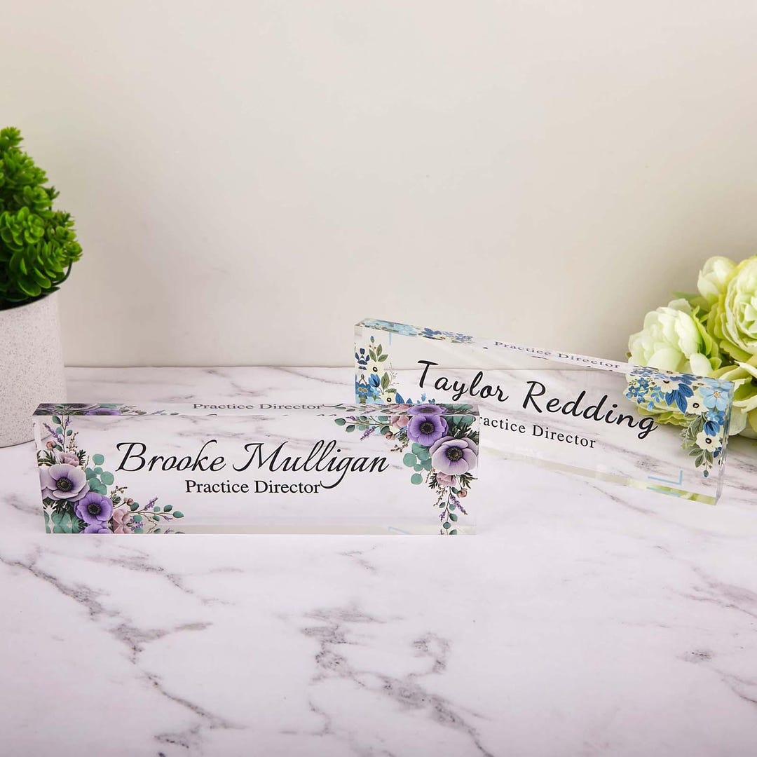 Floral Acrylic Desk Name Plate, Personalized Office Decor - Etsy