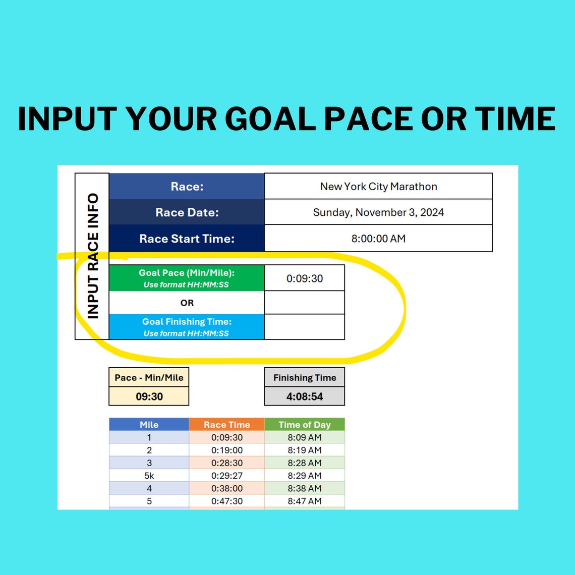 Printable Marathon Pace Bands With Custom Pace Finish Time Calculator ...