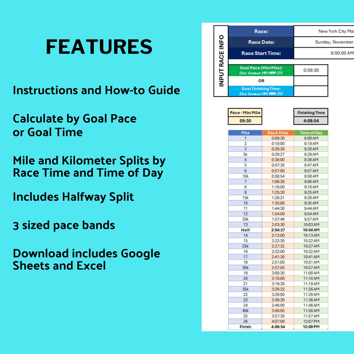 Printable Marathon Pace Bands With Custom Pace Finish Time Calculator ...