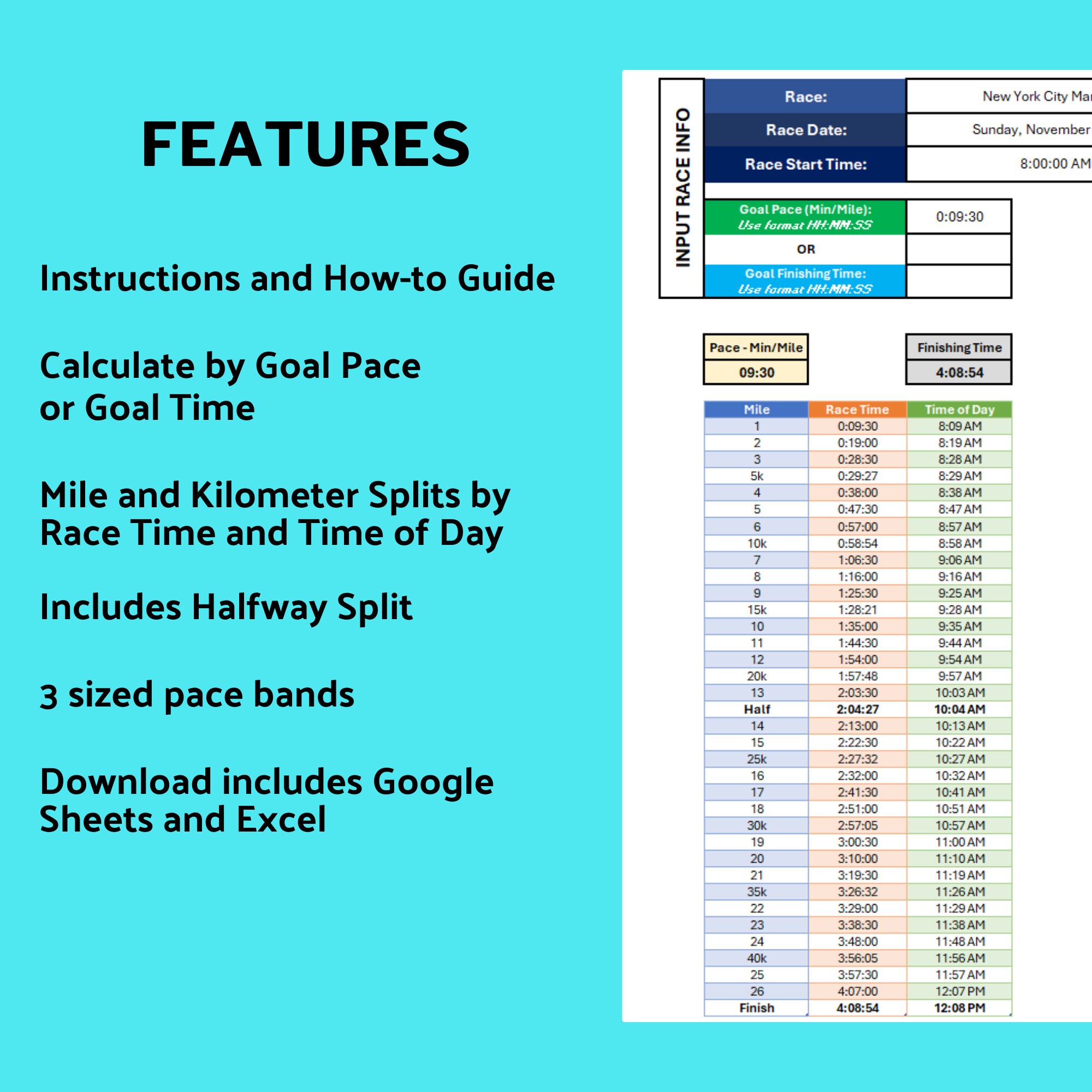 Printable Marathon Pace Bands With Custom Pace Finish Time Calculator ...