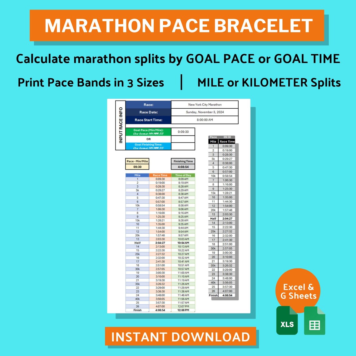 Printable Marathon Pace Bands With Custom Pace Finish Time Calculator ...
