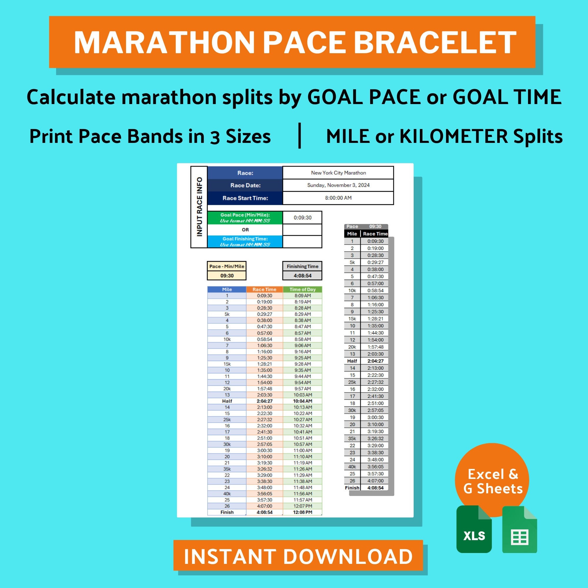 Printable Marathon Pace Bands With Custom Pace Finish Time Calculator ...