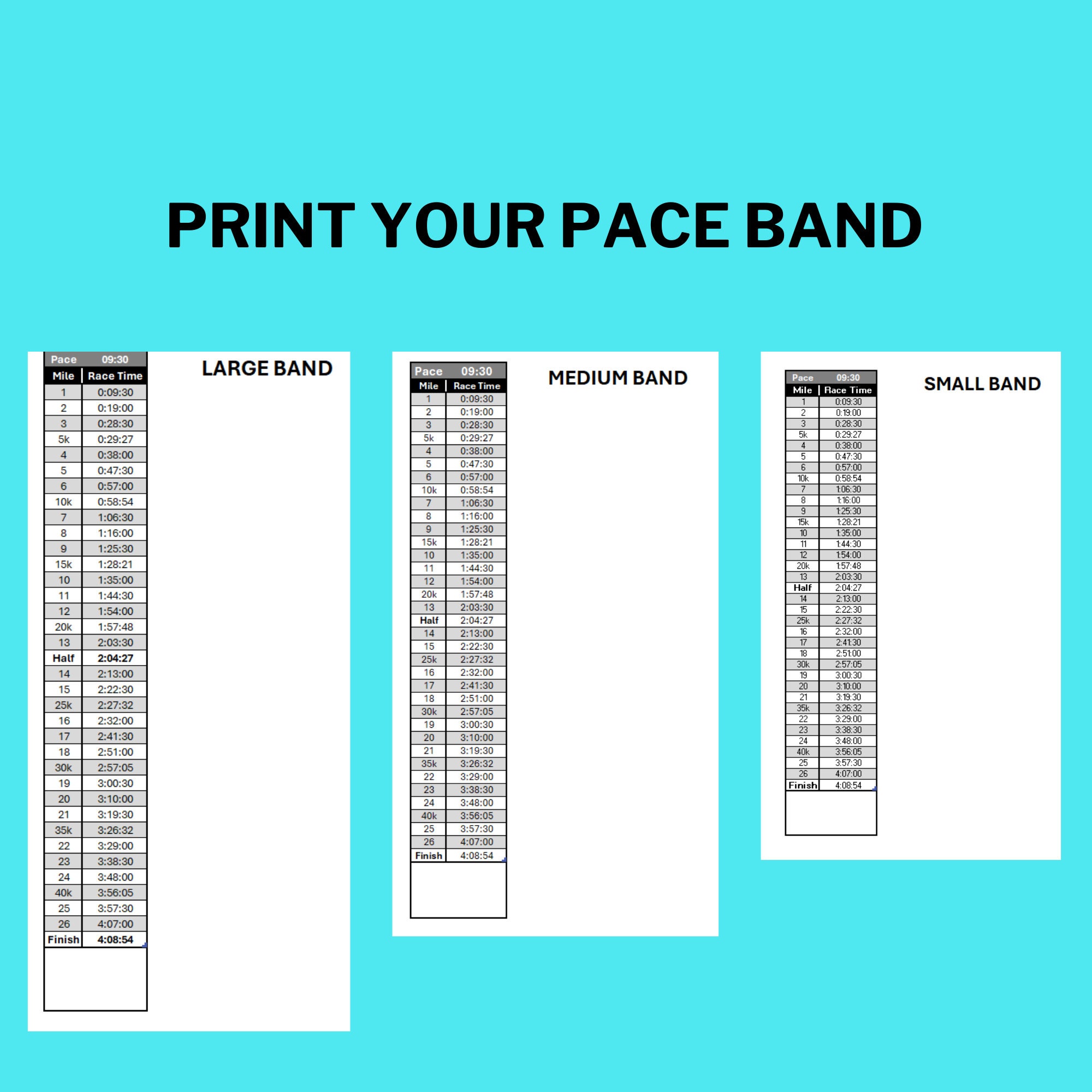 Printable Marathon Pace Bands With Custom Pace Finish Time Calculator ...