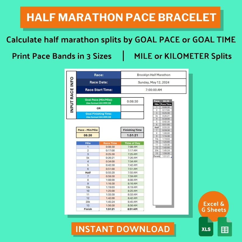 Printable Half Marathon Pace Bands, Custom Pace Finish Time Calculator ...