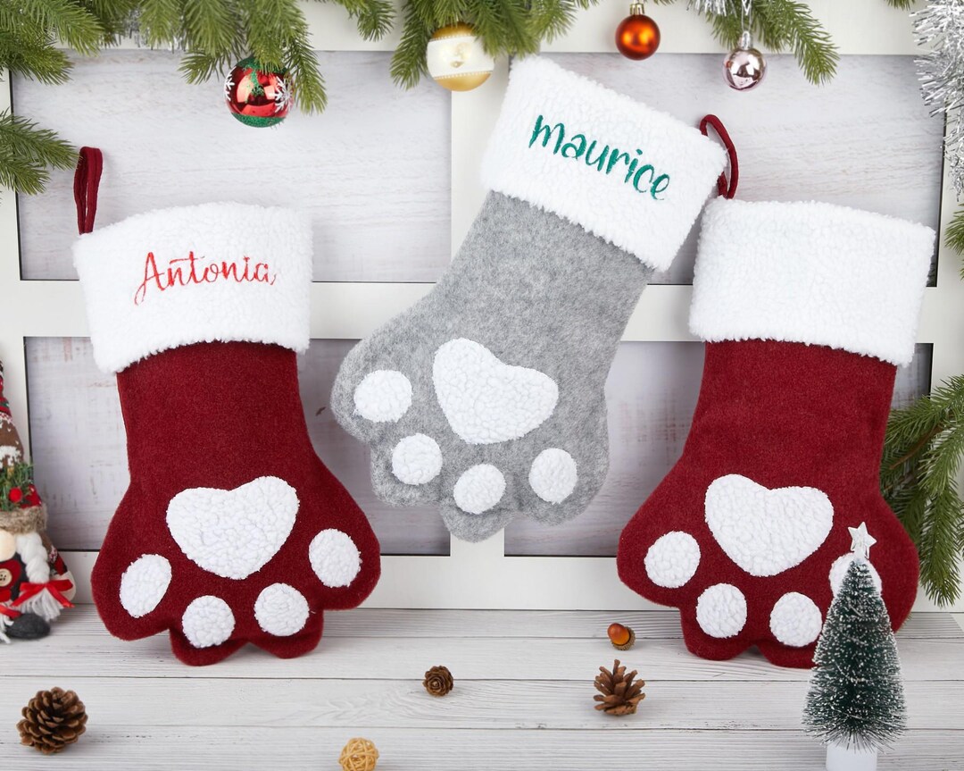 Custom Embroidered Pet Paw Christmas Stocking, Plush Holiday Decor - Etsy
