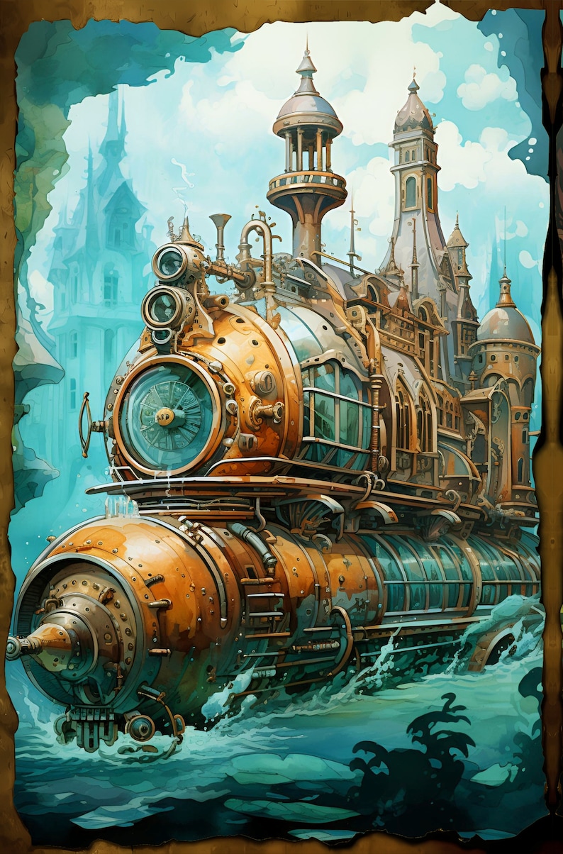 Steampunk Aquatic Train II Print -clockwork Undersea Ocean Print ...
