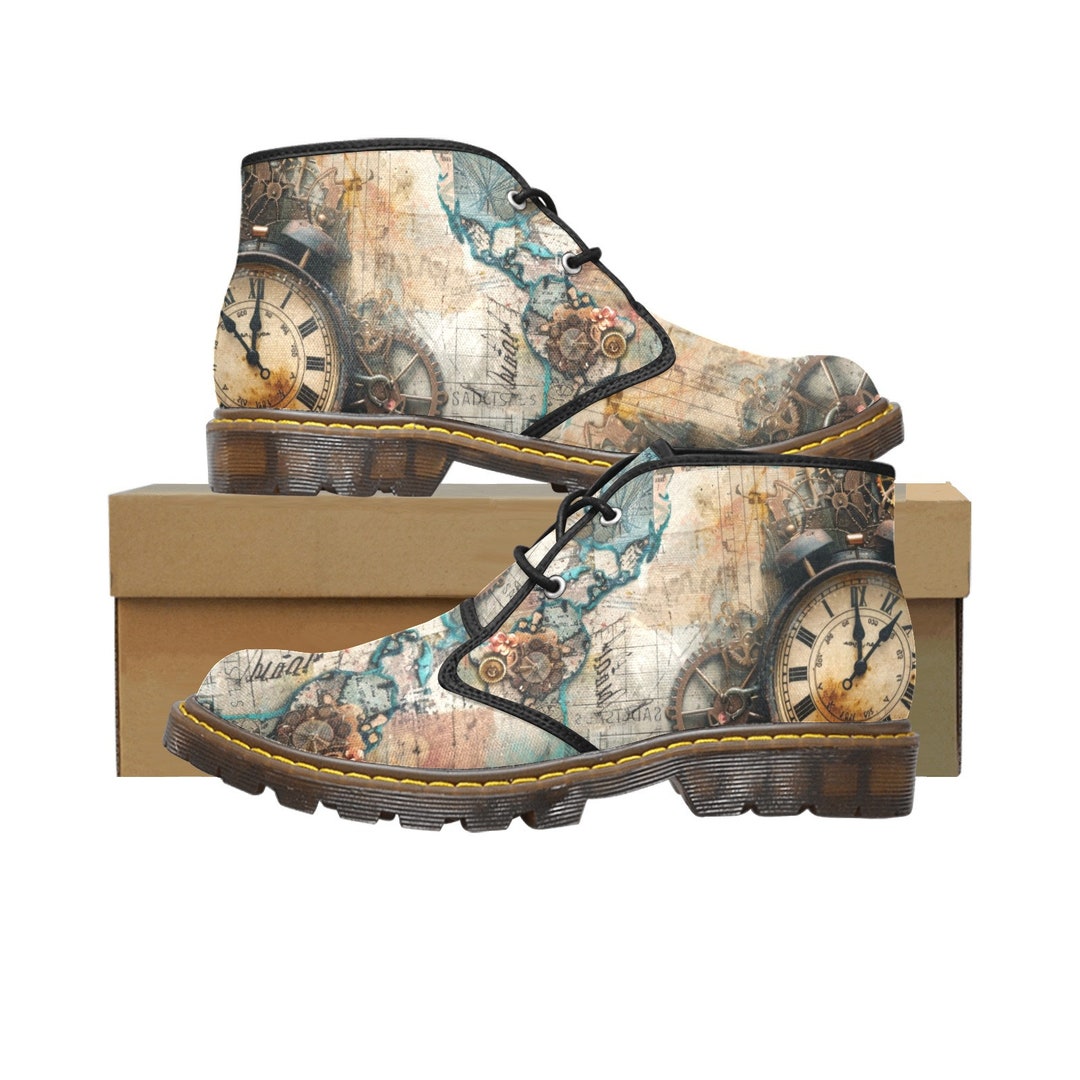 Steampunk Men's Canvas Chukka Boots - Clocks and Gears Hiking Ankle ...