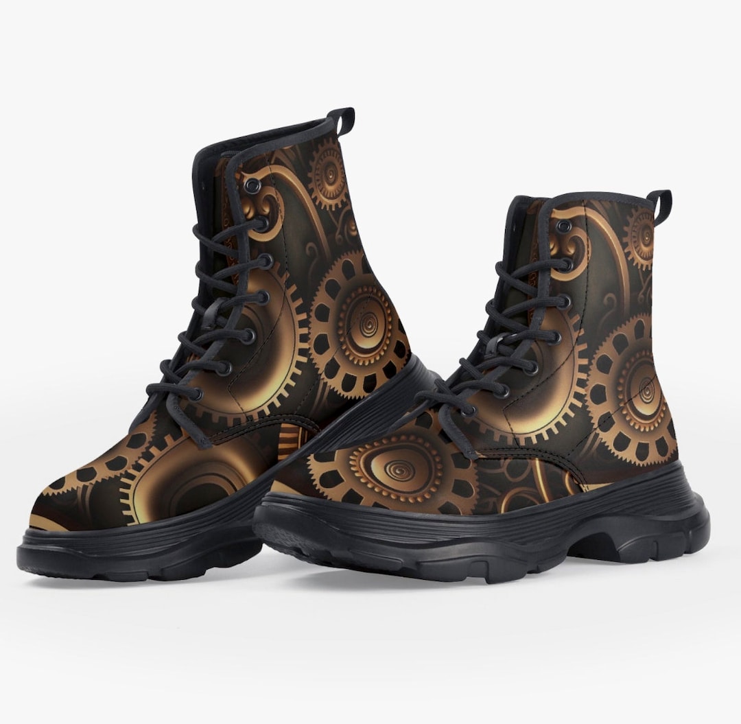 Steampunk Copper Gears Chunky Boots- Steam Punk Combat Boots - Etsy