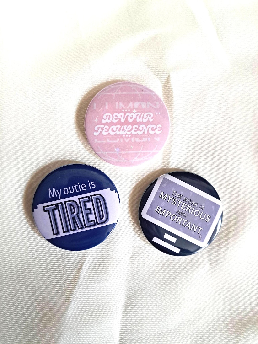 Severance | Reference Button Pins | Badges | Devour Feculence | Tired ...