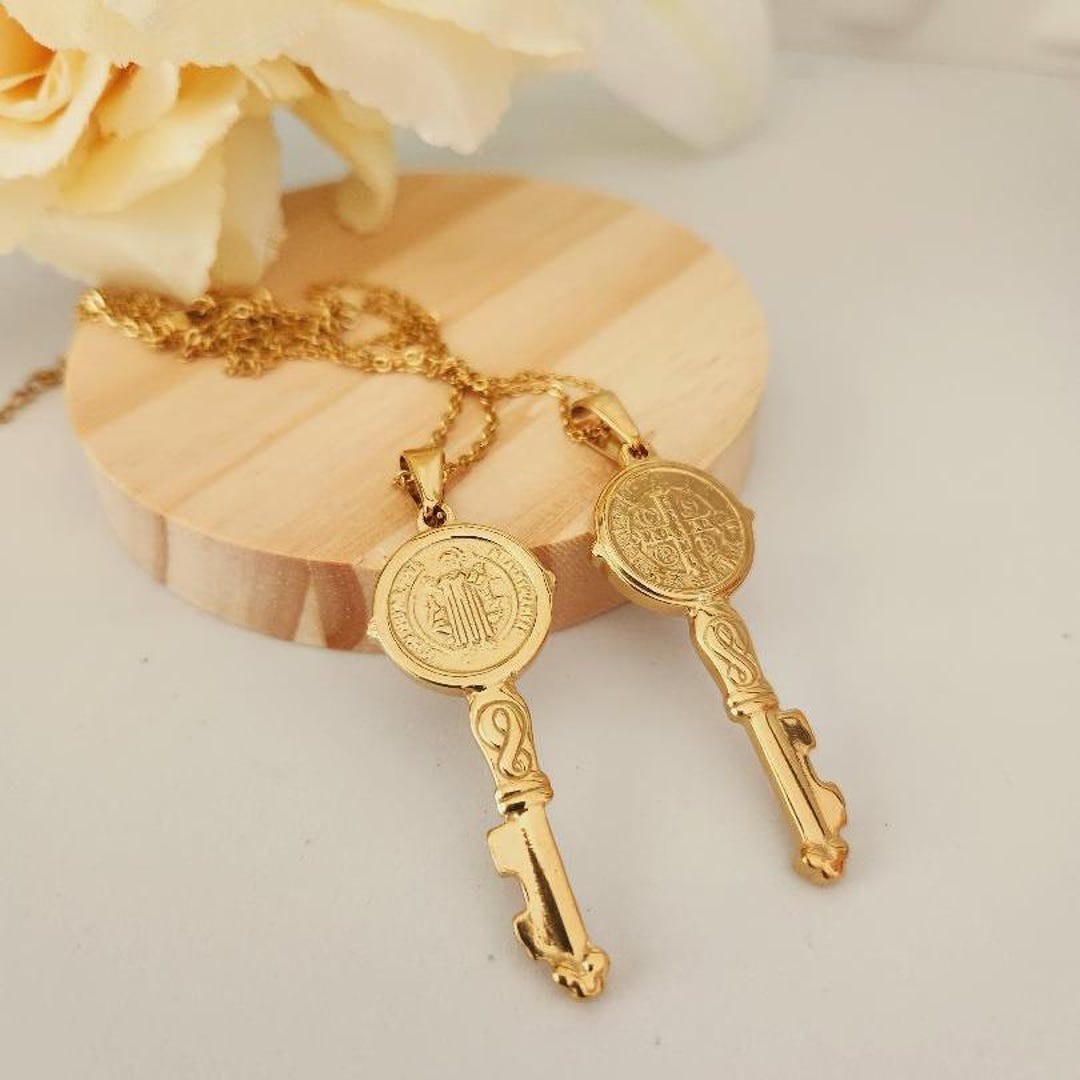St Benedict Gold Necklace, St Benedict Key, Daily Jewelry, Stainless ...