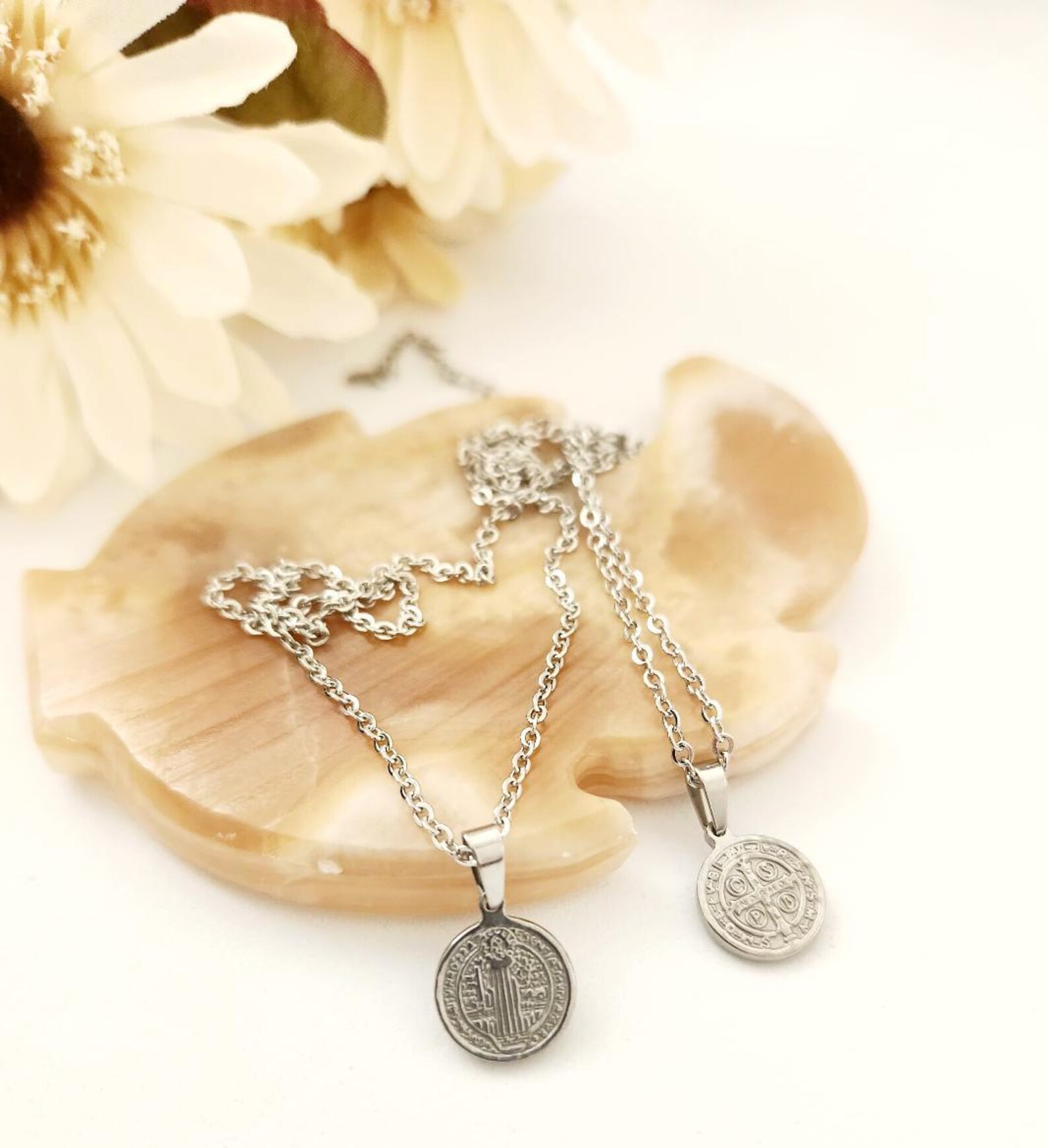 Saint Benedict Mini Medal Silver Necklace, Stainless Steel, Catholic ...