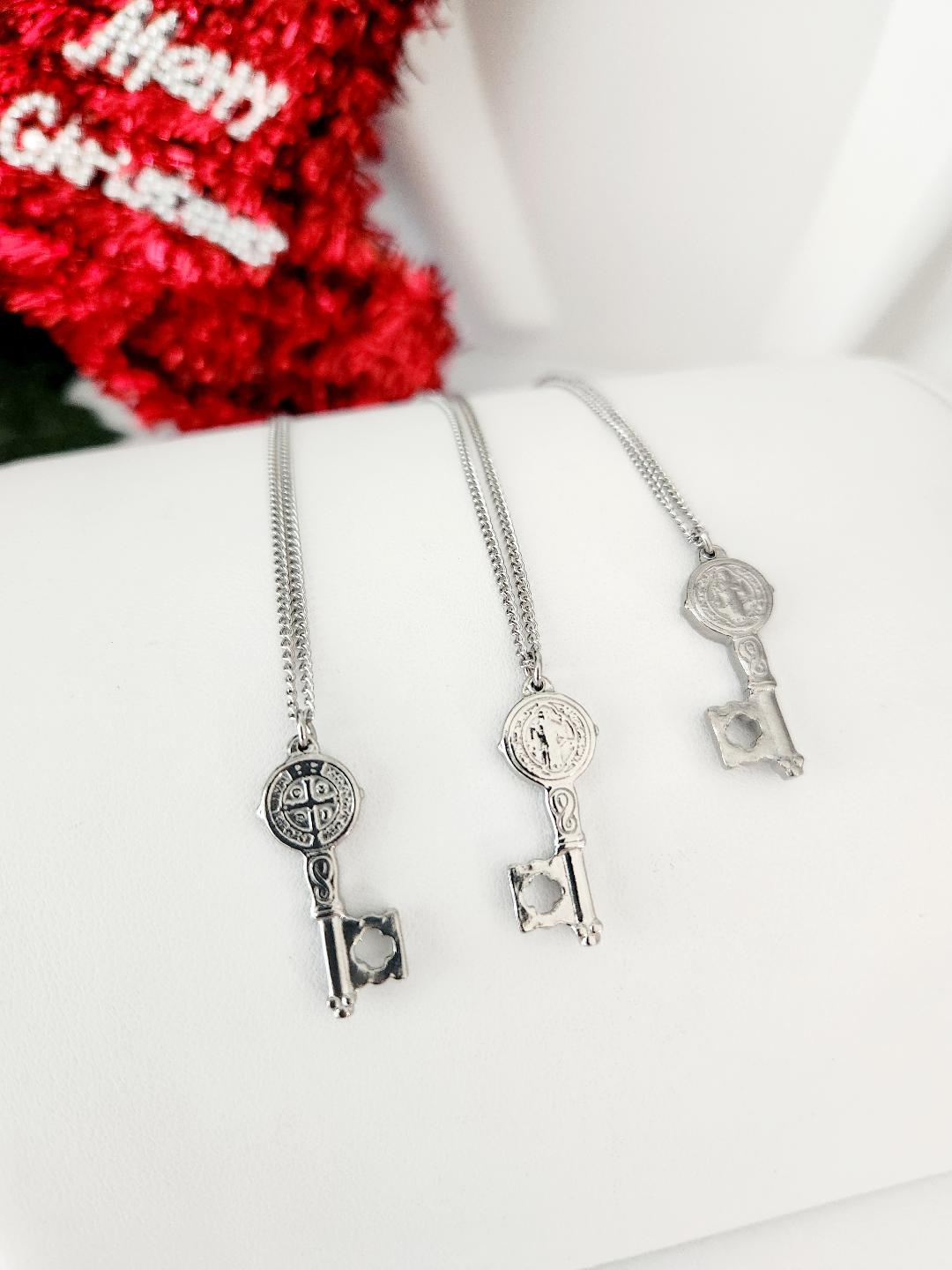 St Benedict Silver Necklace, Key Pendant, Catholic Jewelry Gift ...