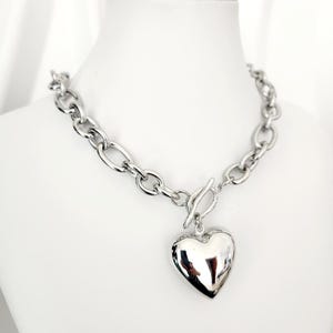 Chunky Silver Heart Necklace, Chunky Puff Heart Chain, Toggle Necklace ...