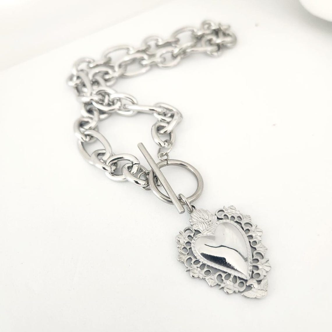 Silver Sacred Heart Necklace: Chunky Chain, Valentine's Gift, Religious ...