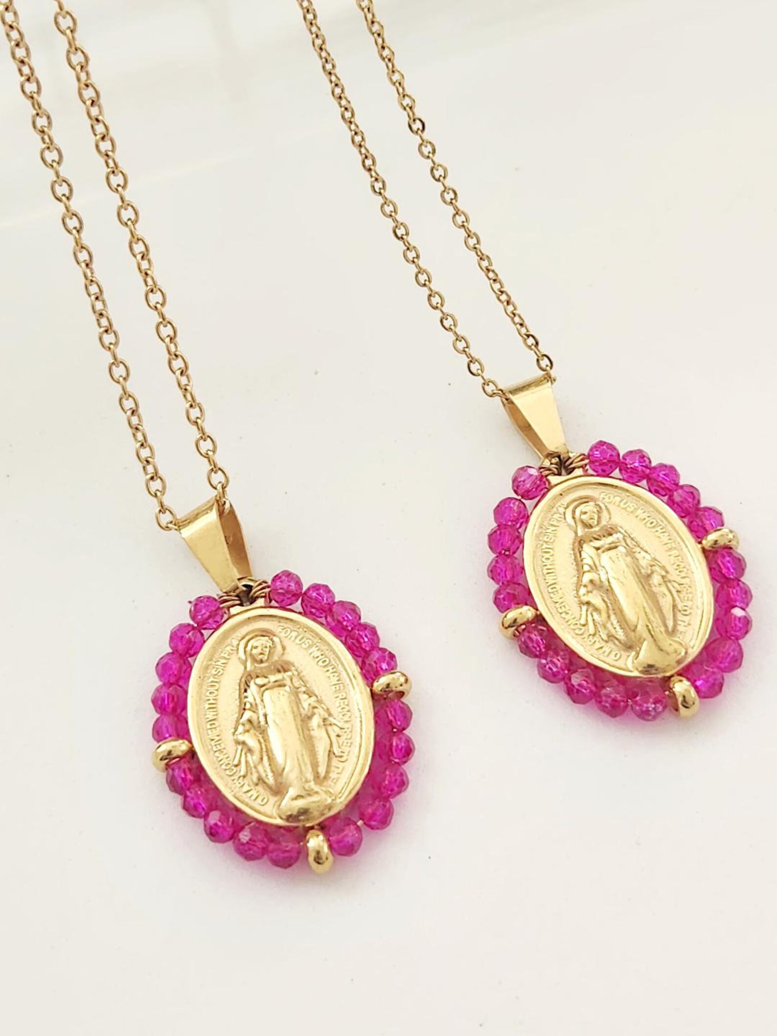 Virgin Medal Necklace. Gold Miraculous Medal, Fuchsia Beaded, Satinless ...
