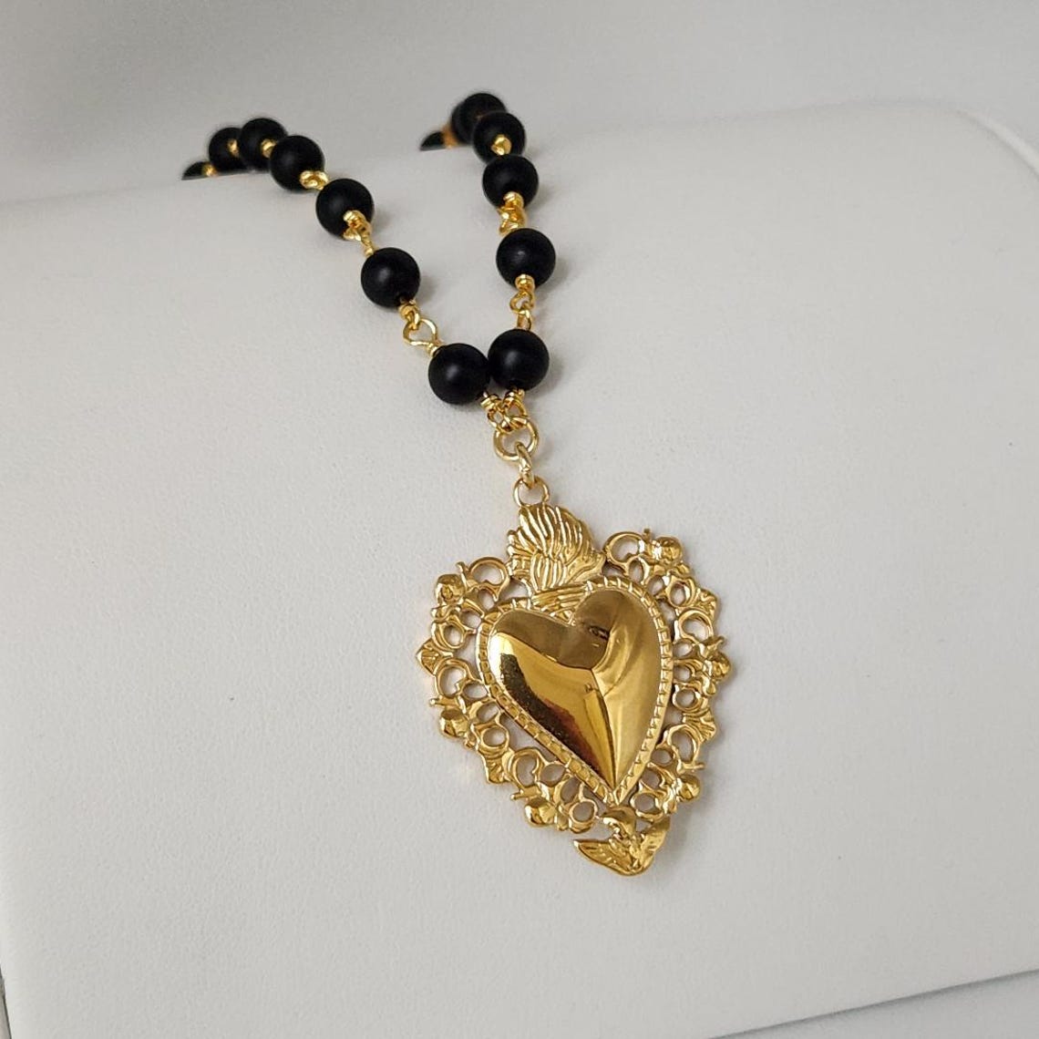 Sacred Heart Necklace: Gold Rosary Chain With Black Beads - Etsy