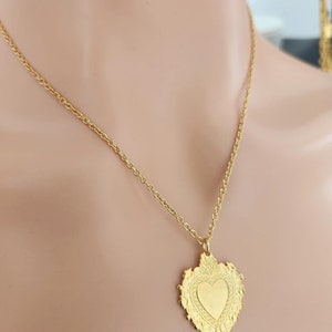 Gold Sacred Heart Necklace and Bracelet Jewelry Set Mexican Heart ...