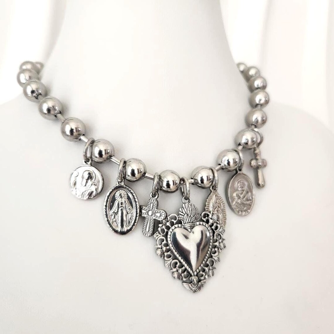 Sacred Heart Necklace and Catholic Charms and Medals, Mexican Artisan ...