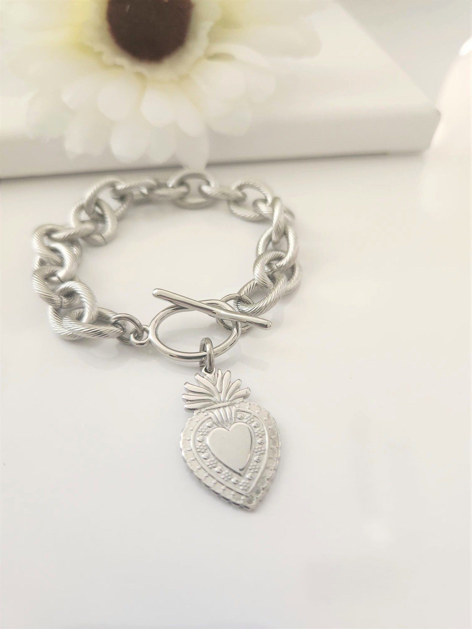Sacred Heart of Jesus Silver Bracelet, Chunky Bracelet, Silver Chain ...