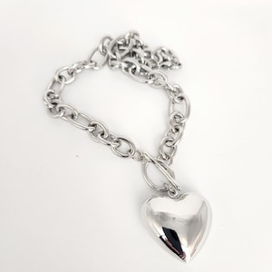 Chunky Silver Heart Necklace, Chunky Puff Heart Chain, Toggle Necklace ...